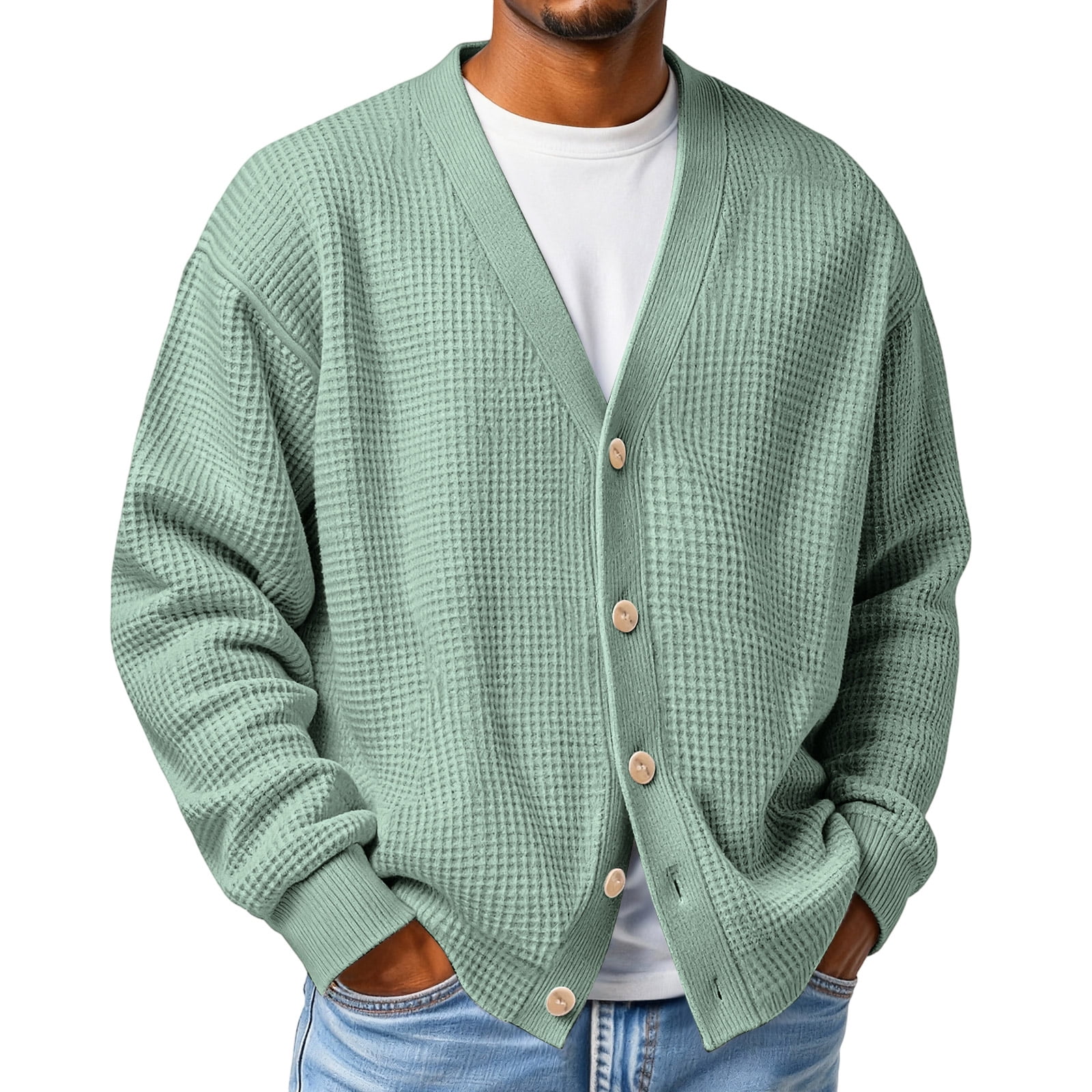 Dwelliawo Mens Waffle Textured Cardigan Sweater Waffle Textured V Neck ...