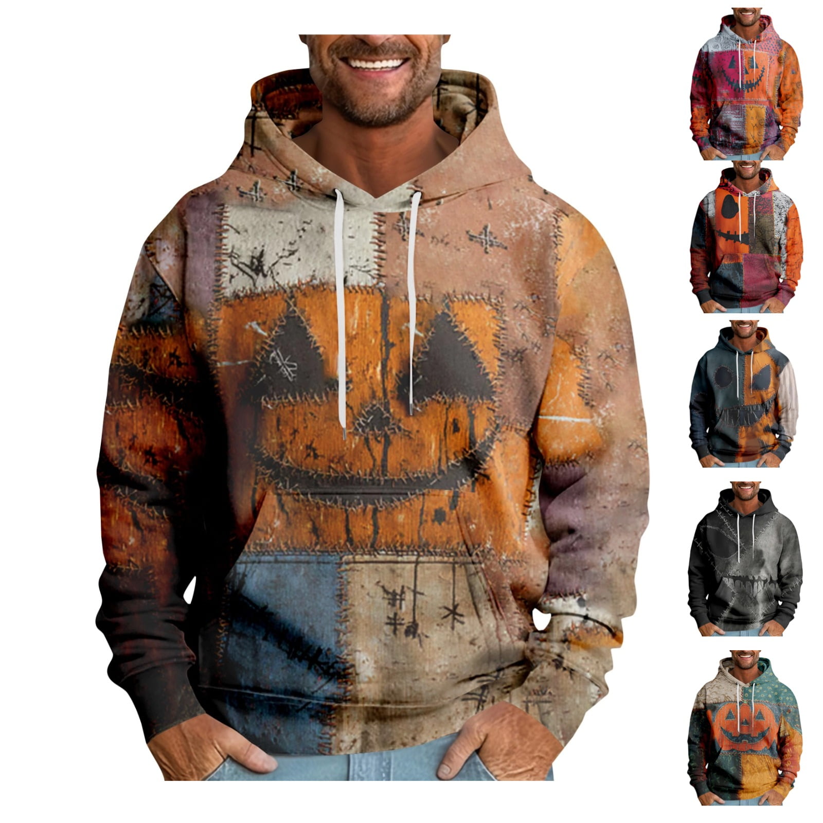 Dwelliawo Patchwork Halloween Hoodie for Men Patchwork Contrast Print ...