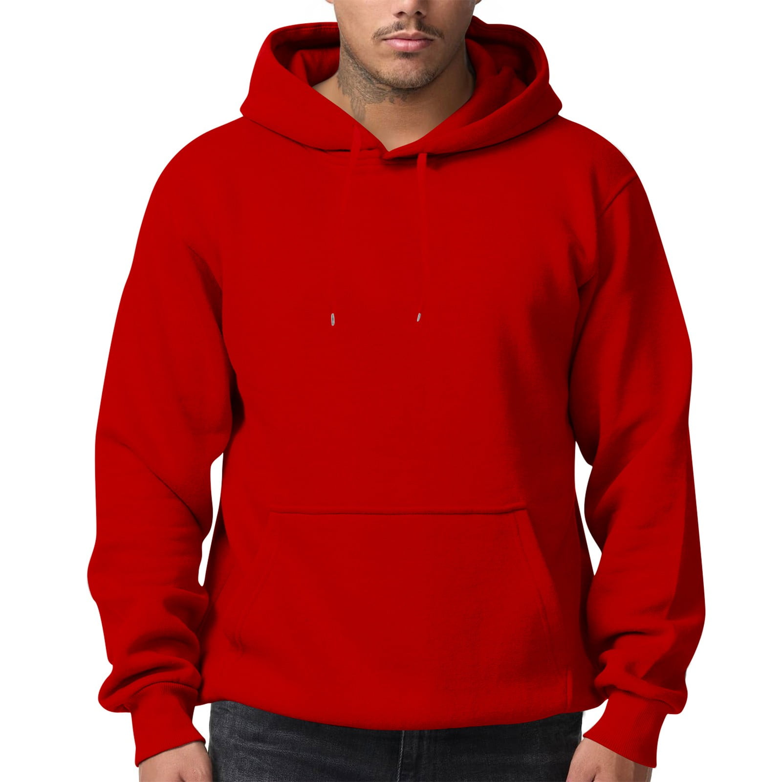 Dwelliawo Red Hoodie Men Long Sleeve Crewneck Sweatshirts Heavyweight ...