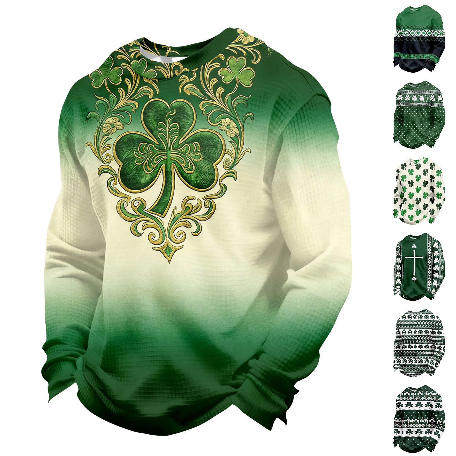 Dwelliawo Shamrock Sweatshirt Men Graphic Waffle Knit Long Sleeve ...