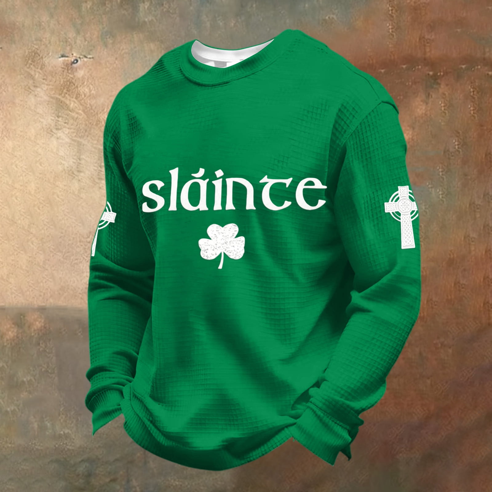 Dwelliawo Shamrock Sweatshirt Men Print Waffle Knit Long Sleeve Tees ...