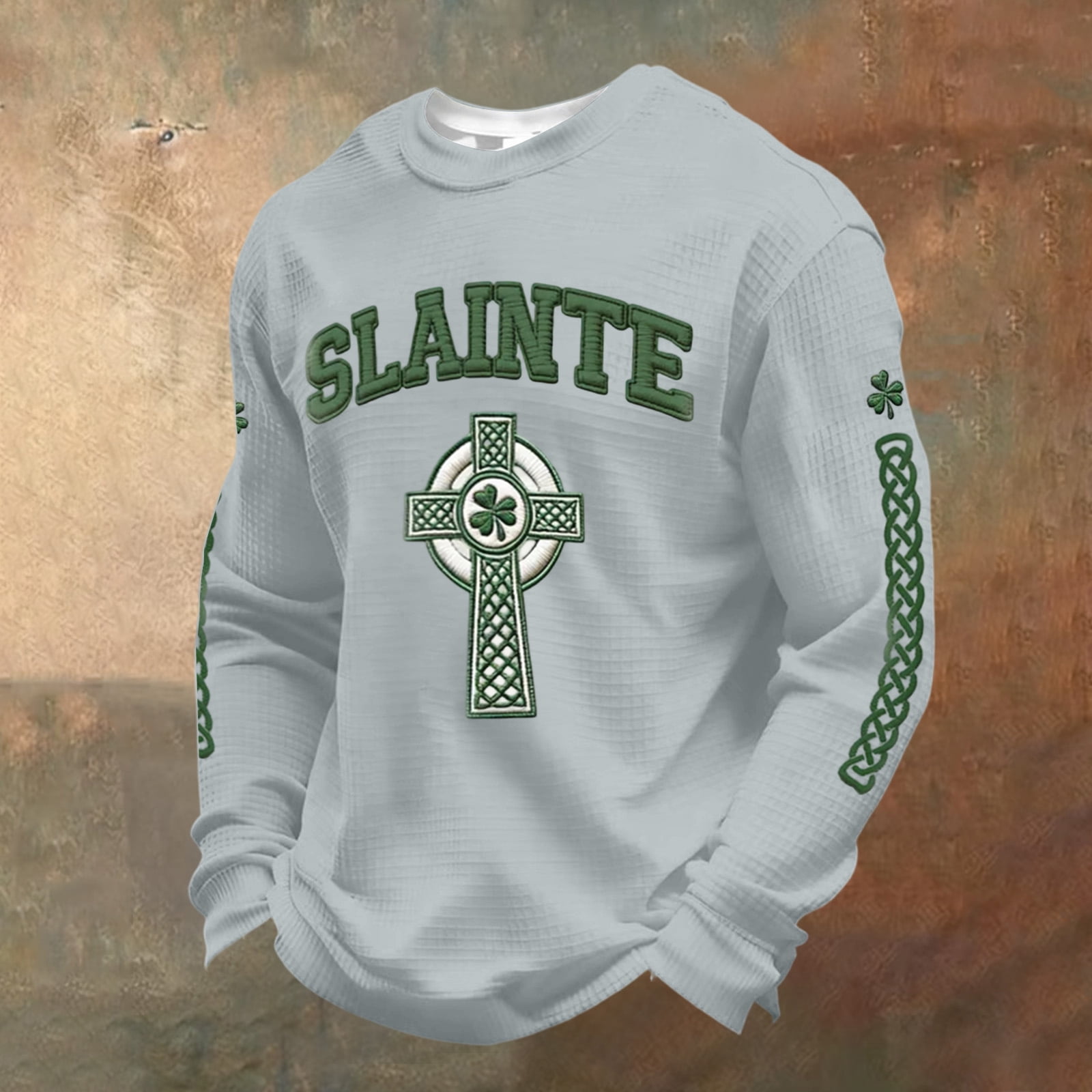 Dwelliawo Shamrock Sweatshirt Men Print Waffle Knit Long Sleeve Tees ...