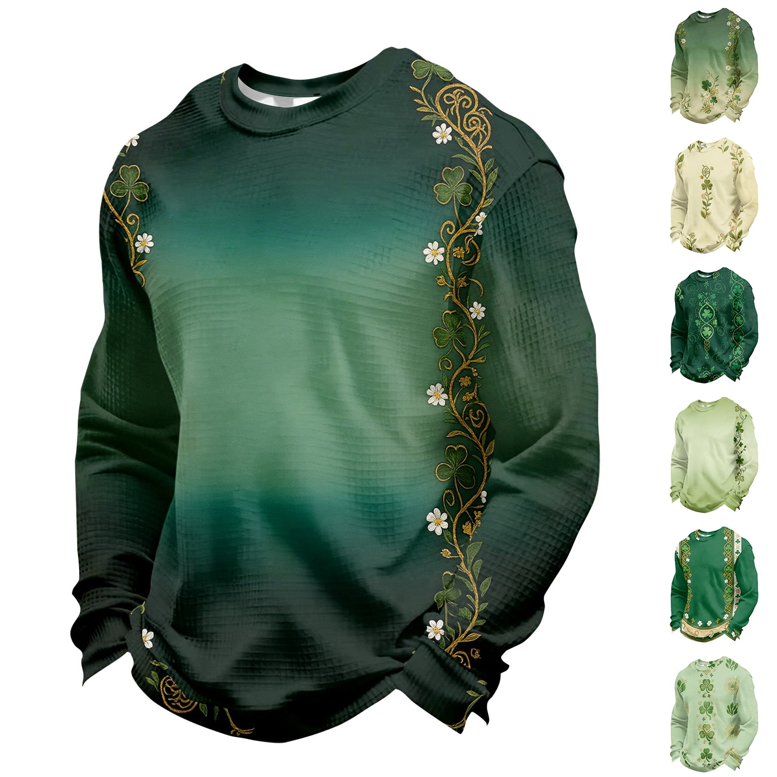 Dwelliawo Shamrock Sweatshirt Men Printed Waffle Knit Long Sleeve T ...