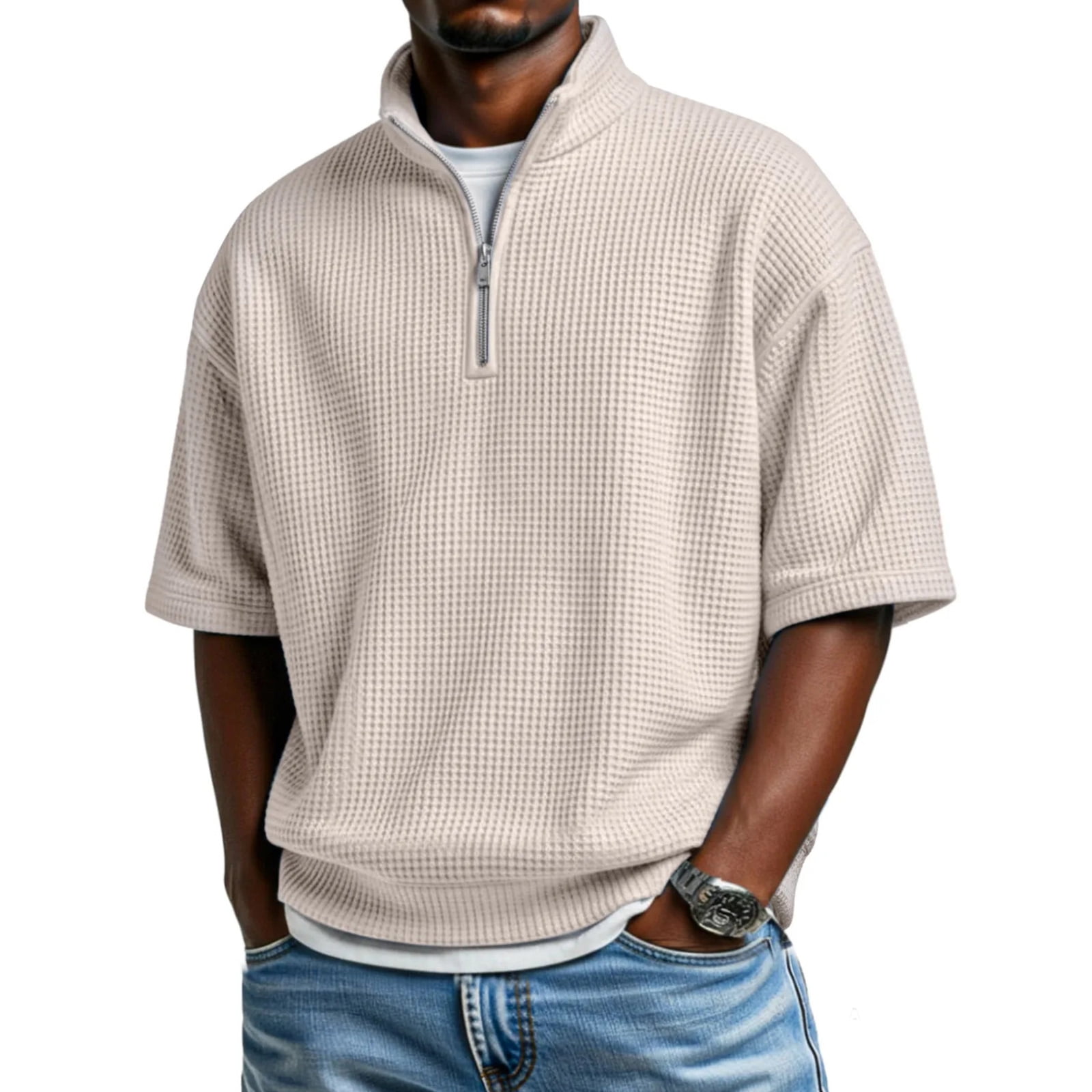 Dwelliawo Short Sleeve Polo Shirts for Men Golf Oversized Waffle Shirt ...