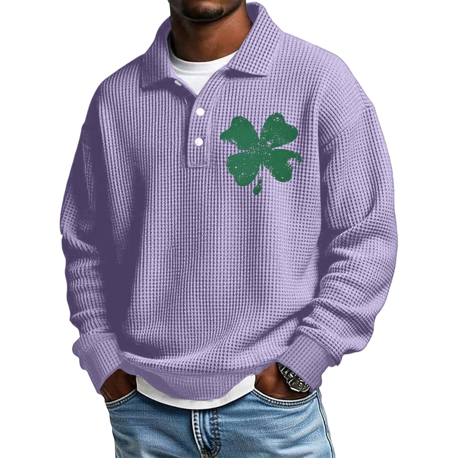 Dwelliawo St Patrick's Day Waffle Long Sleeve Polo Shirts for Men Golf ...