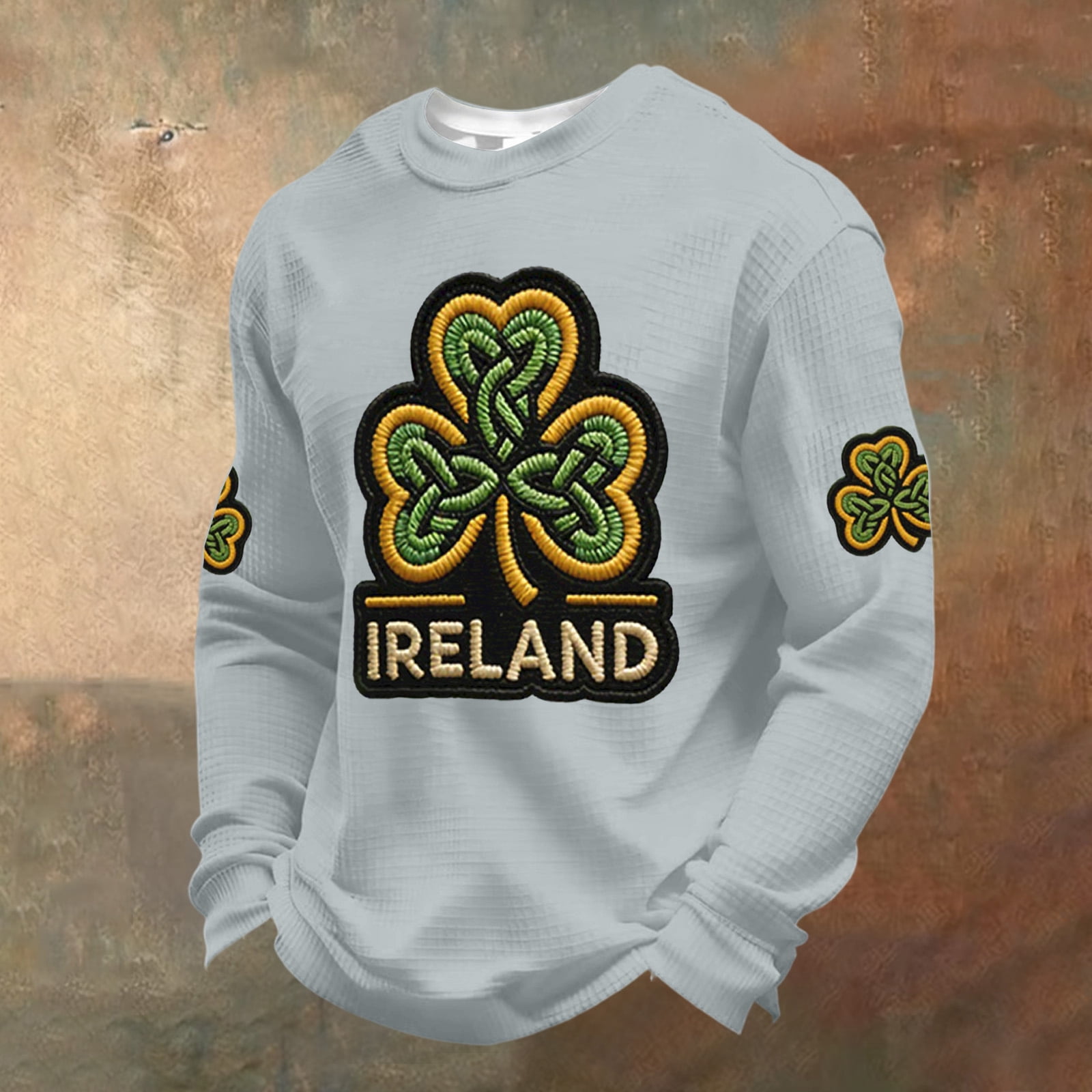 Dwelliawo St Pattys Waffle Shirt Men Print Long Sleeve Waffle Knit Tees ...