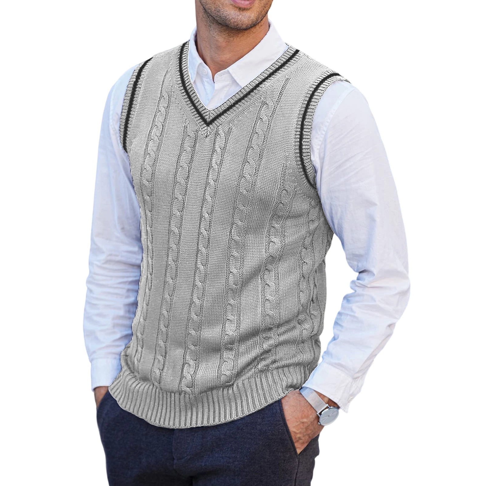 Dwelliawo Sweater Vest Men Formal Knit V Neck Pullovers Sweater ...