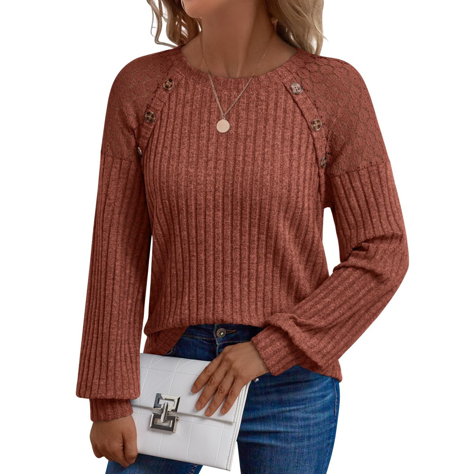 Dwelliawo Sweaters for Women Loose Fit Ribbed Knit Sweater Loose Crew ...