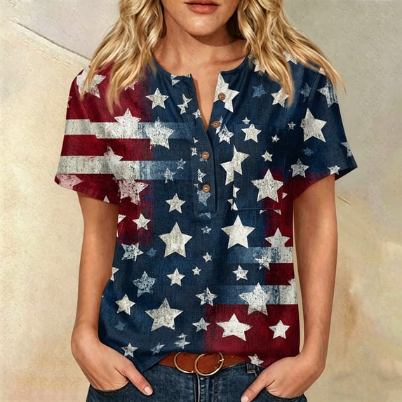 Dwelliawo Women 4th Of July Casual Shirts, Stars And Stripes Pattern ...