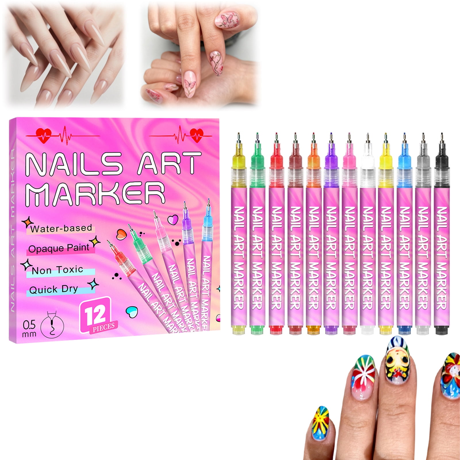Dwellin 12 Colors Nails Art Pens Set 2026 Quick Drying Fine Tip Nail ...