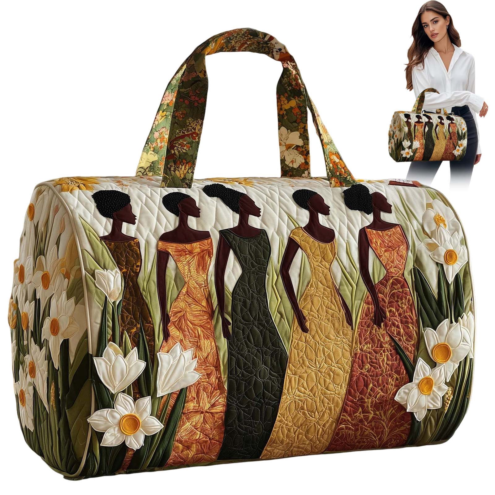 Dwellin Large Quilted Duffle Bag for Women Floral Print Barrel ...