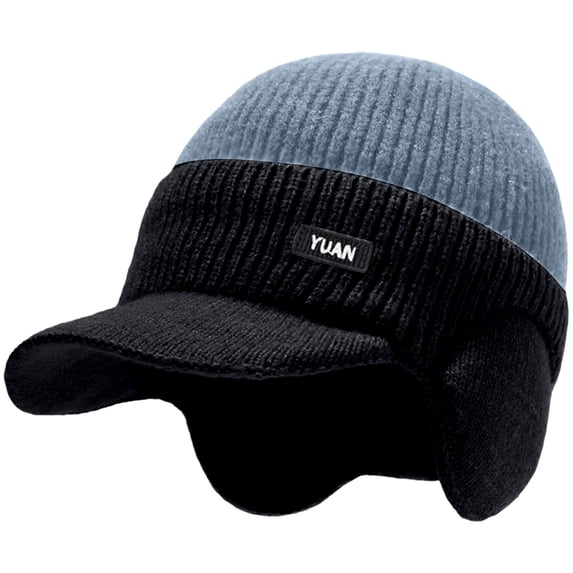 Dwellin Men's Winter Knitted Earflap Hat Fleece Lined Ski Cap with Brim ...