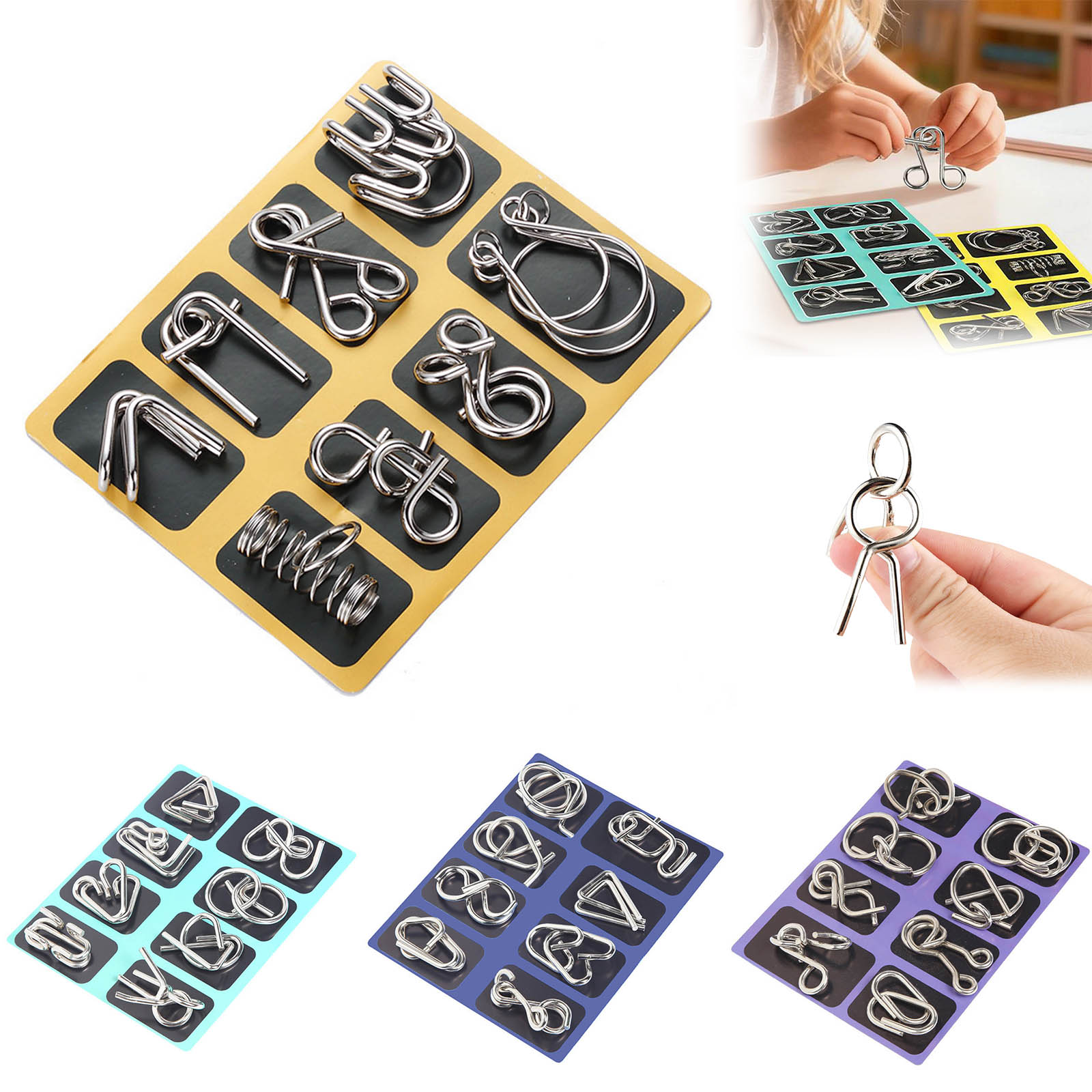 Dwellin Metal Wire Puzzle Set of 8 Brain Teaser Puzzles Ring IQ Test ...