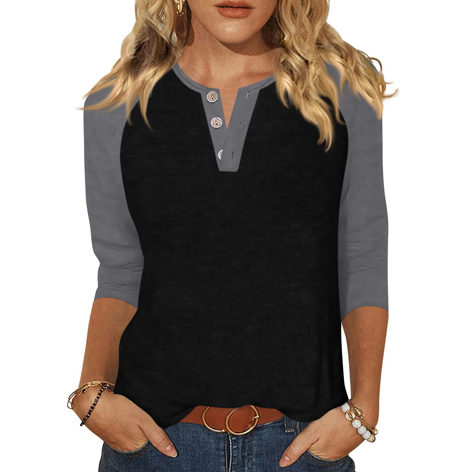 Dwellite 3/4 Length Sleeve Womens Tops Dressy Casual V Neck Pullover Tunics Summer Cute Blouses ...