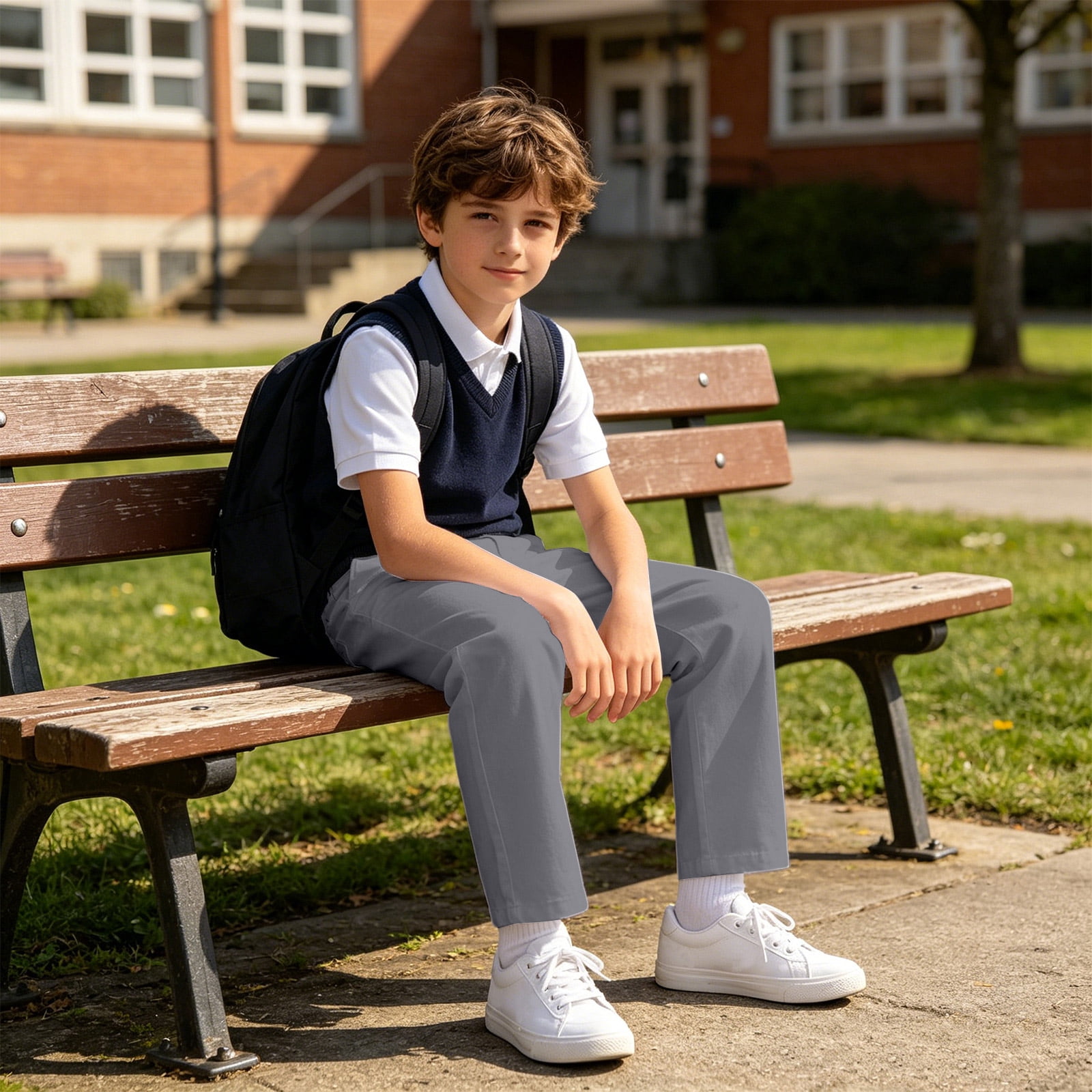 Dwellite Boys Dress Pants Adjustable Waist Flat Front Pant Wedding ...