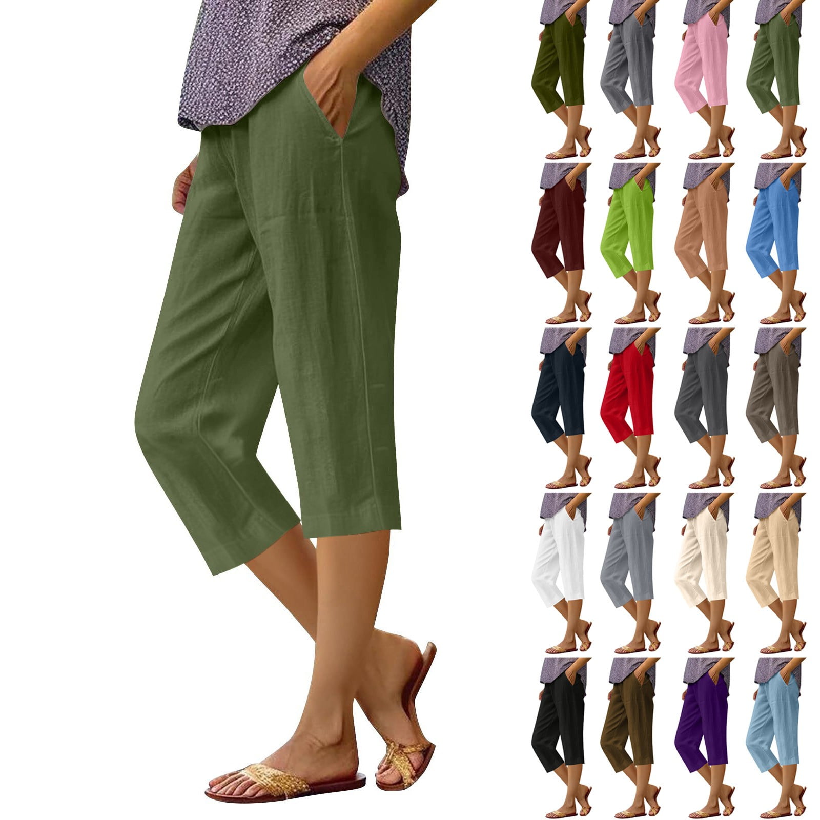 Dwellite Cotton Linen Capri Pants for Women, Knee Length Summer Shorts ...