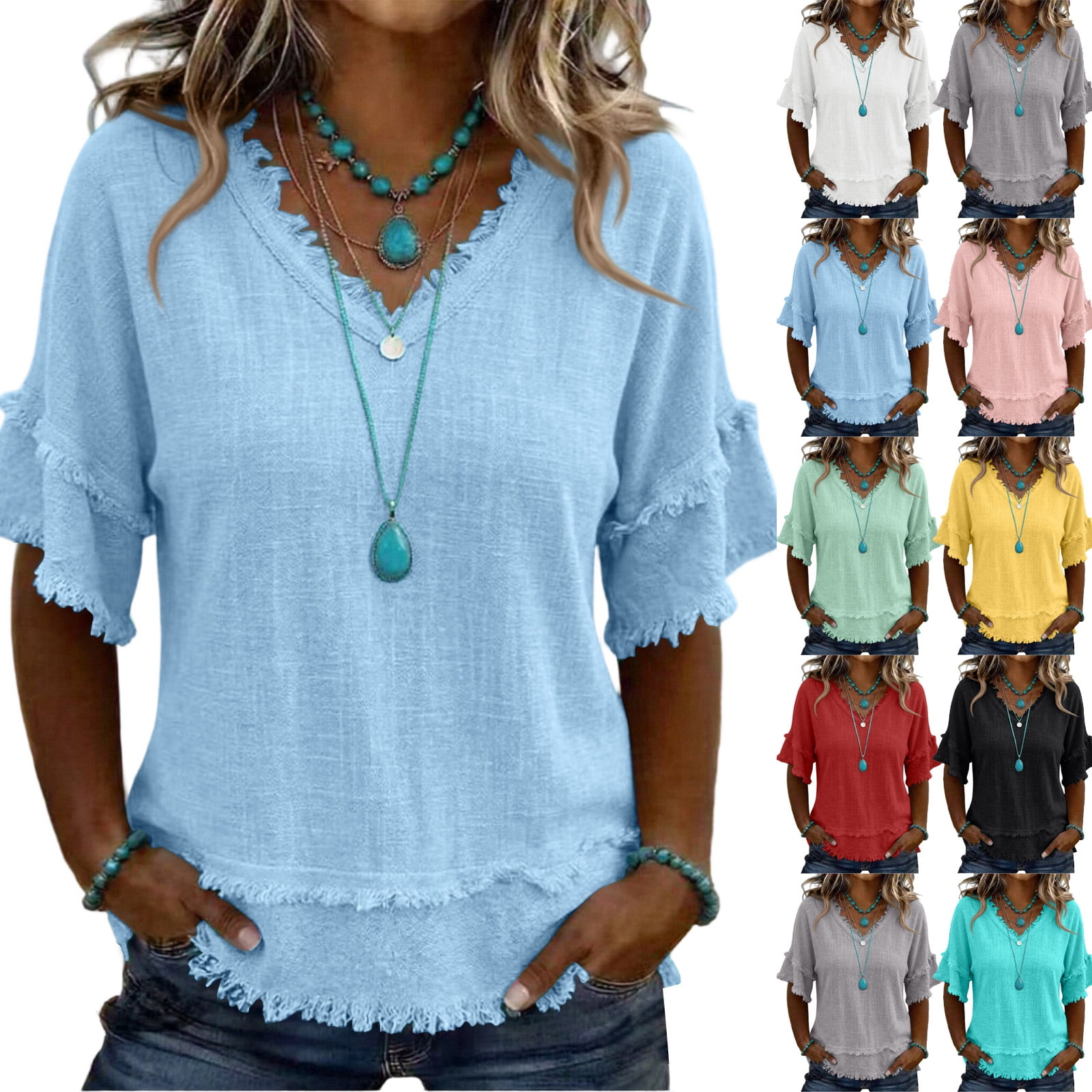 Dwellite Cotton Linen Shirt for Womens Summer Tops V Neck Short Sleeve ...