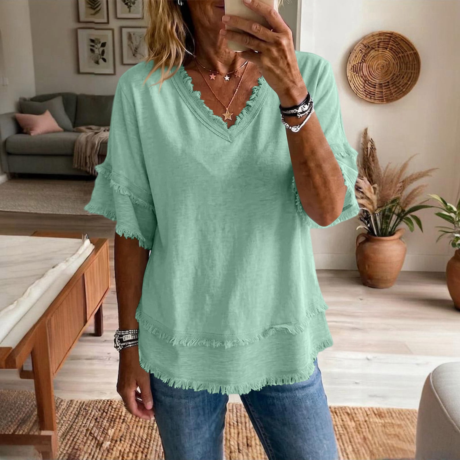 Dwellite Cotton Linen Shirts for Women V Neck Casual Ruffled Shirt ...