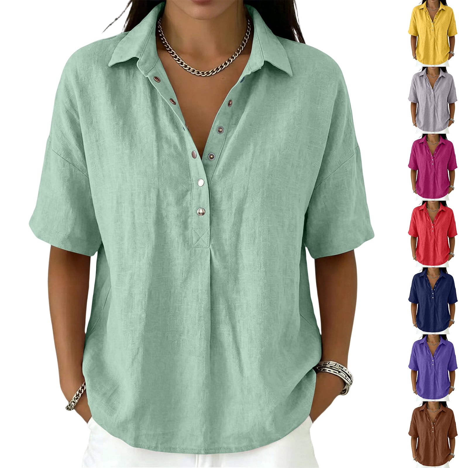Dwellite Cotton Linen Tops for Women - 2026 Summer Half Sleeve V Neck ...