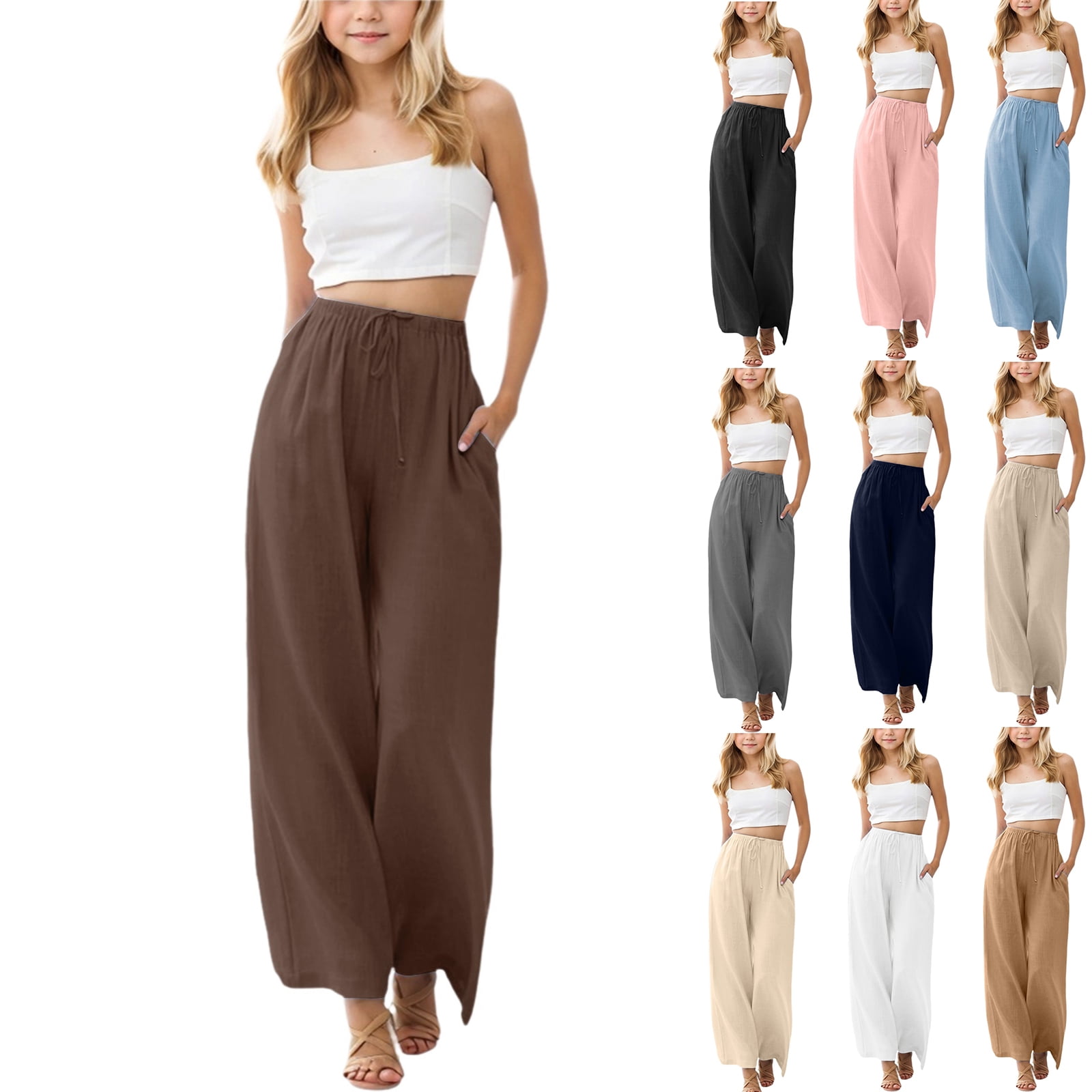 Dwellite Girls Cropped Pants Cotton Linen Beach Casual Trousers Teen ...
