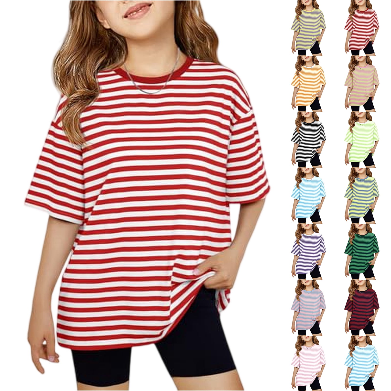 Dwellite Girls Striped Shirt Summer Cute Tops Short Sleeve Crewneck T ...