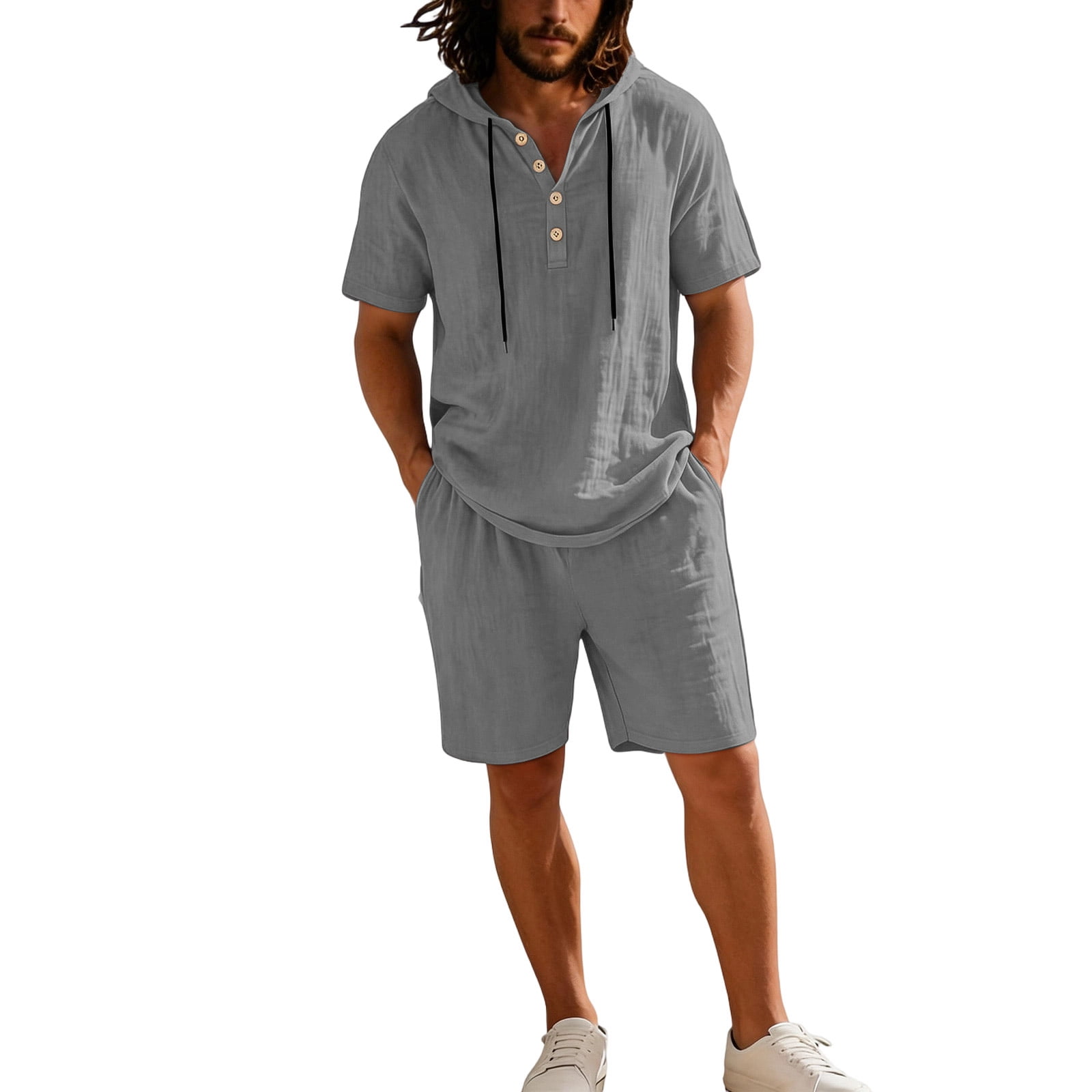 Dwellite Linen 2 Piece Sets for Men Button Down Linen Shirts with Hood ...