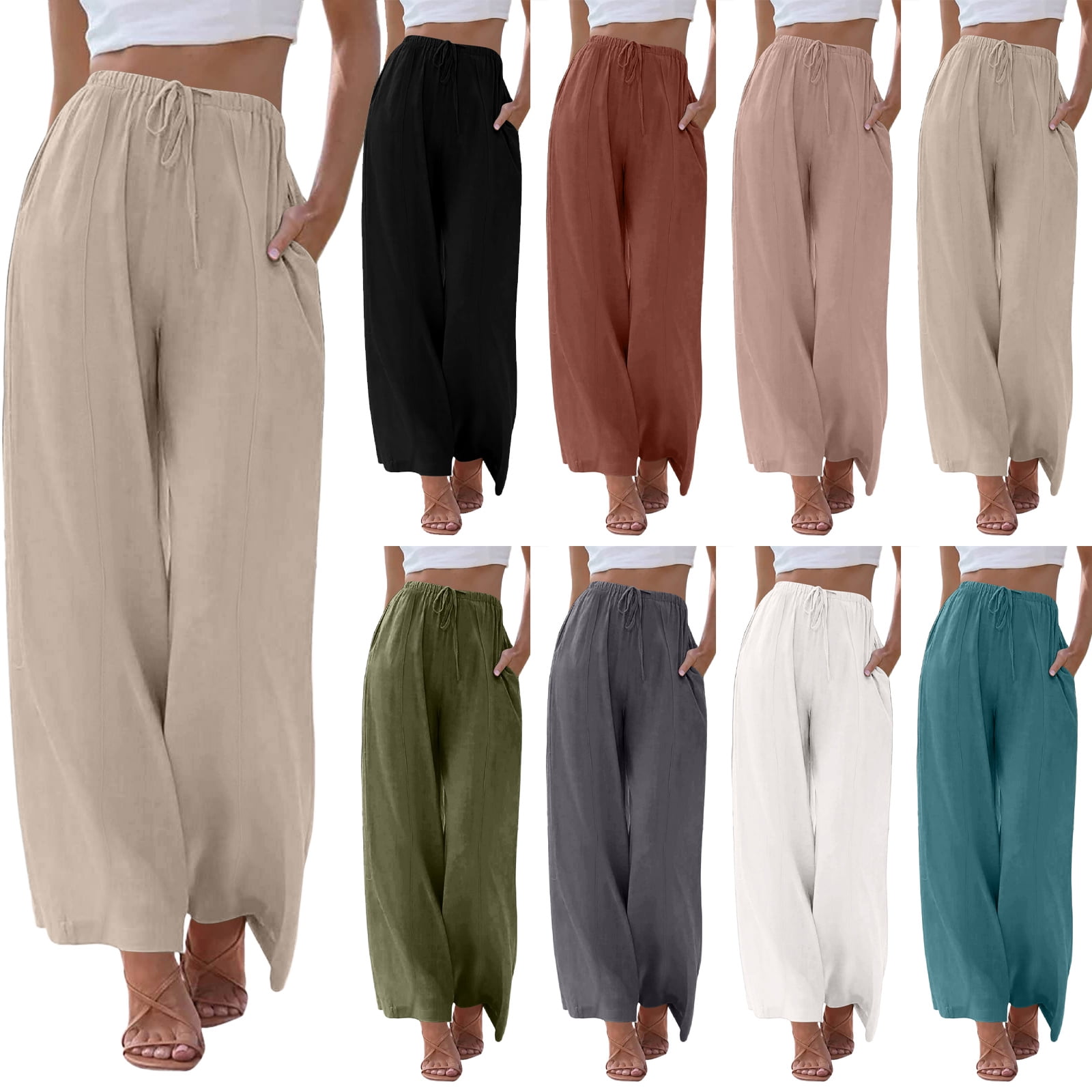 Dwellite Linen Pants Women Summer Palazzo Pants Flowy Wide Leg Beach ...