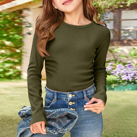 Dwellite Long Sleeve Ribbed Shirts for Girls Trendy Basic Solid Color ...