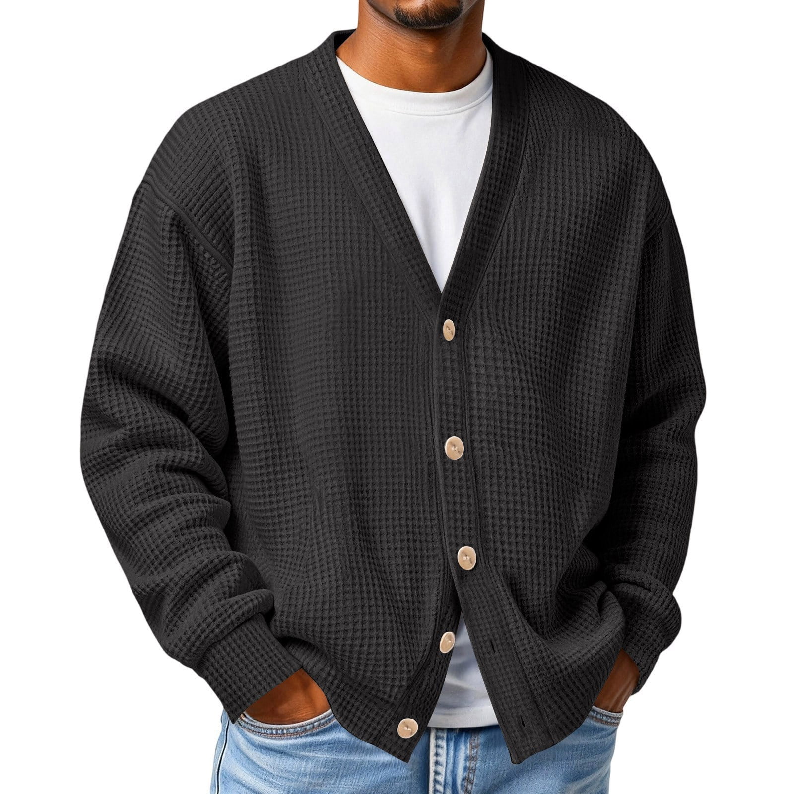 Dwellite Men Cardigan Sweater Comfy Waffle Relaxed Long Sleeve Cardigan ...