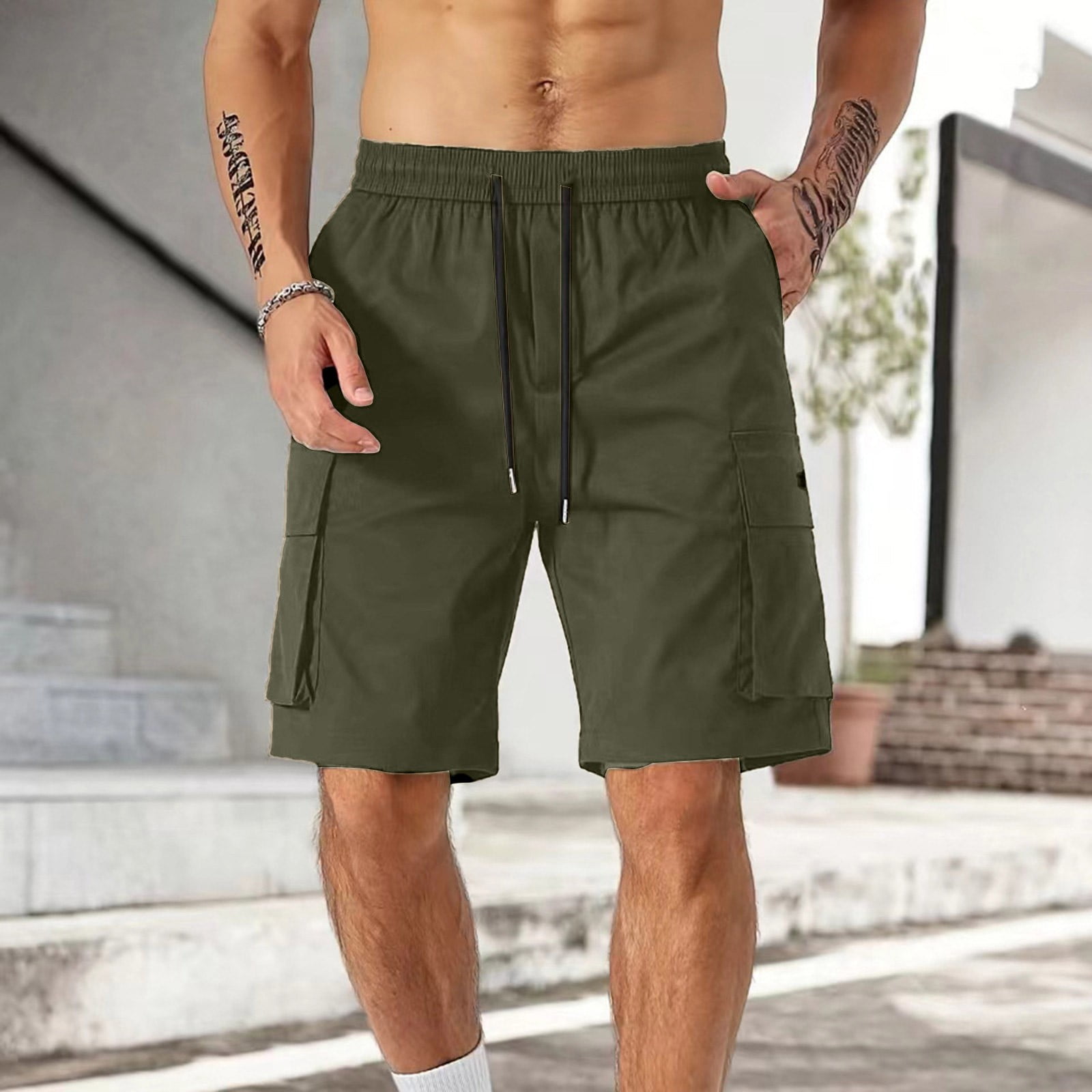 Dwellite Men's Cargo Shorts Elastic Waistband Drawstring Summer Casual ...