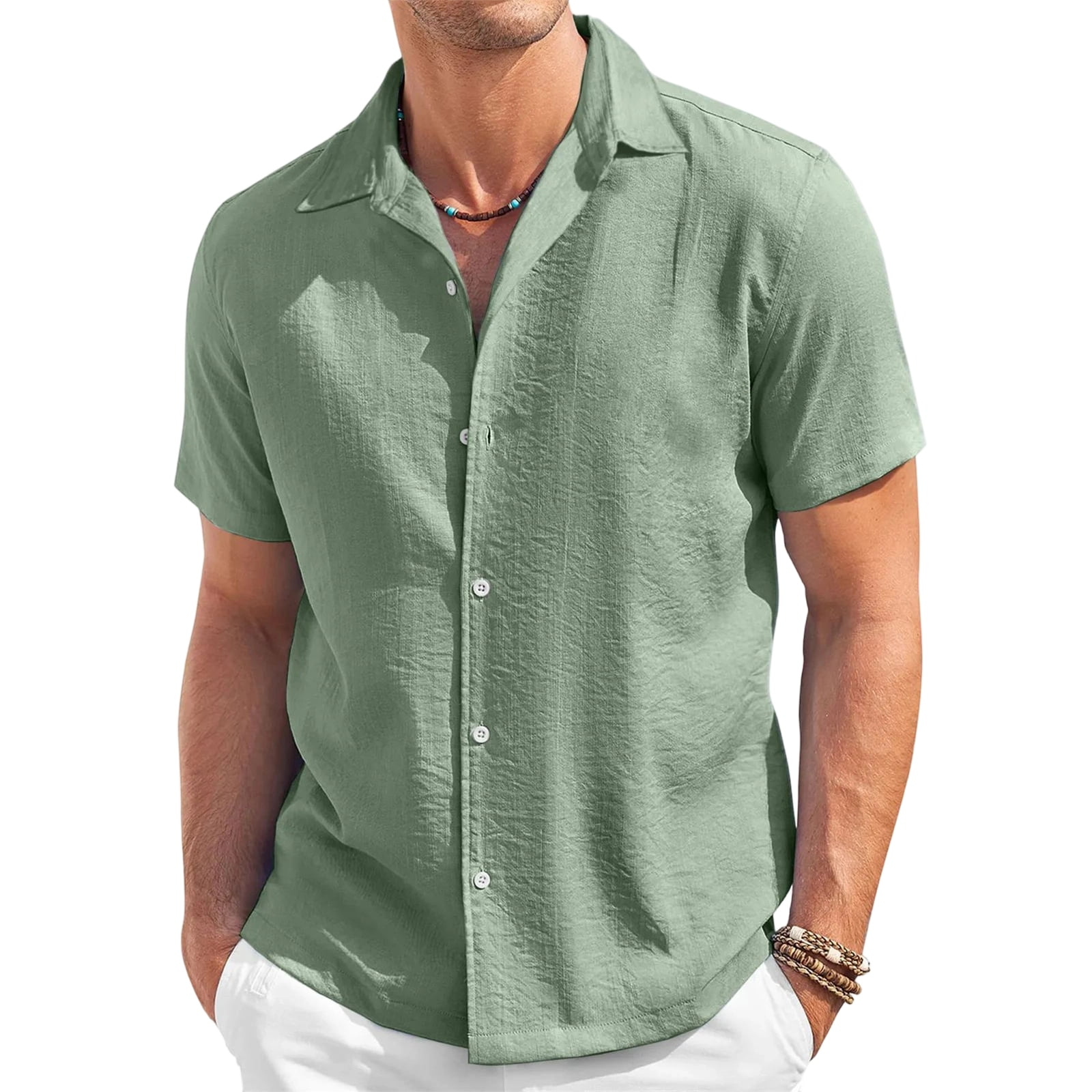 Dwellite Men's Linen Button Down Short Sleeve Shirt Casual Spring ...