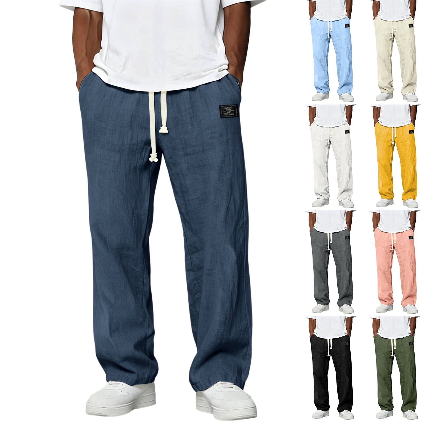 Dwellite Men's Linen Pants Casual Pockets Lightweight Breathable Dress ...