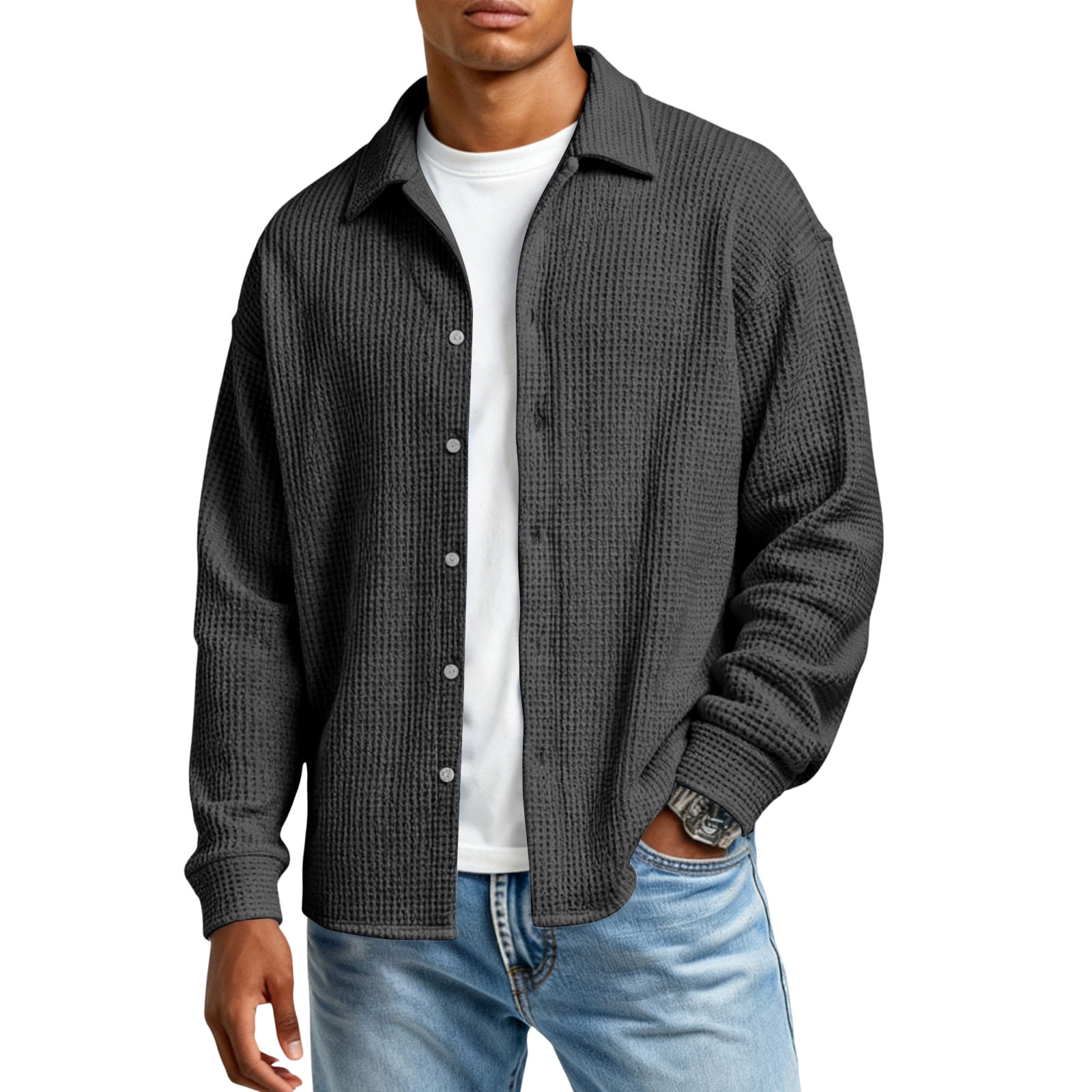 Dwellite Men's Waffle Button Down Shirt Casual Long Sleeve Shirts ...