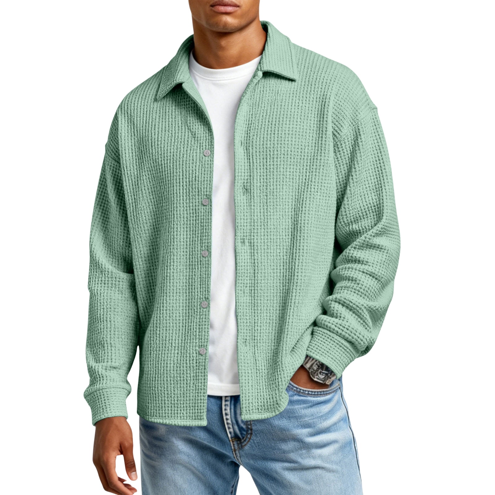 Dwellite Men's Waffle Button Down Shirt Casual Long Sleeve Shirts ...