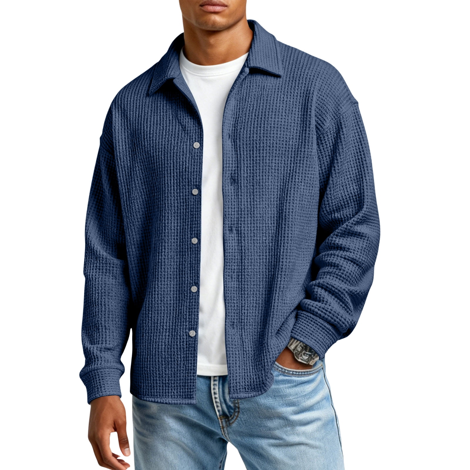 Dwellite Men's Waffle Button Down Shirt Casual Long Sleeve Shirts ...