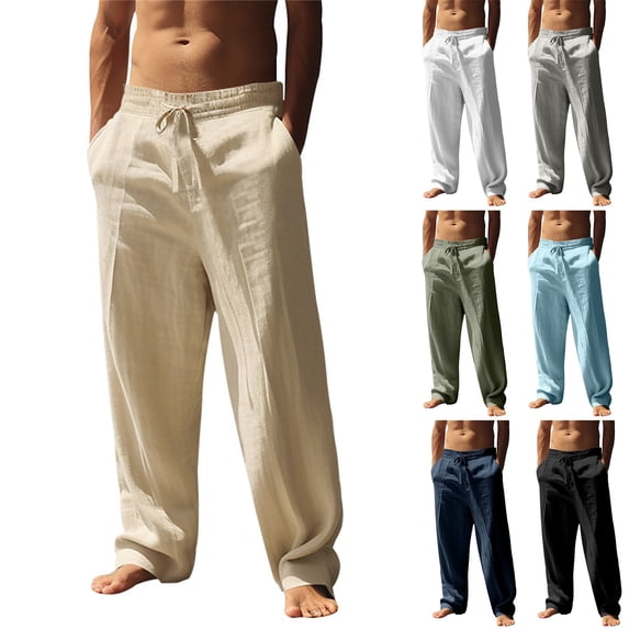 Dwellite Mens Baggy Linen Pants Wide Leg Elastic Waist Drawstring ...