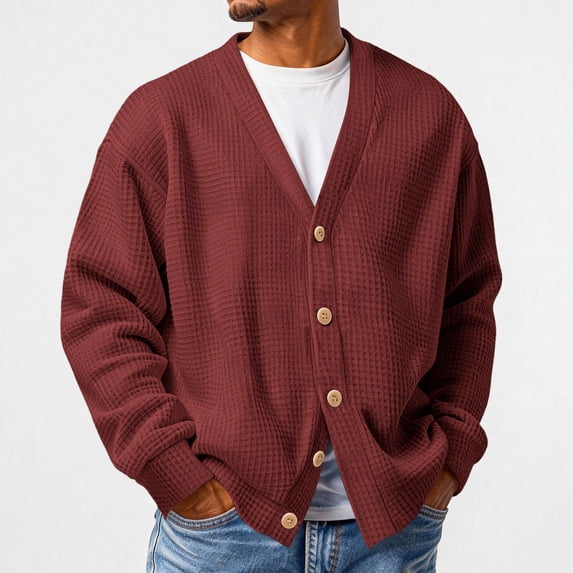 Dwellite Mens Cardigasn Sweater Waffle Long Sleeve Cardigan Open Front ...