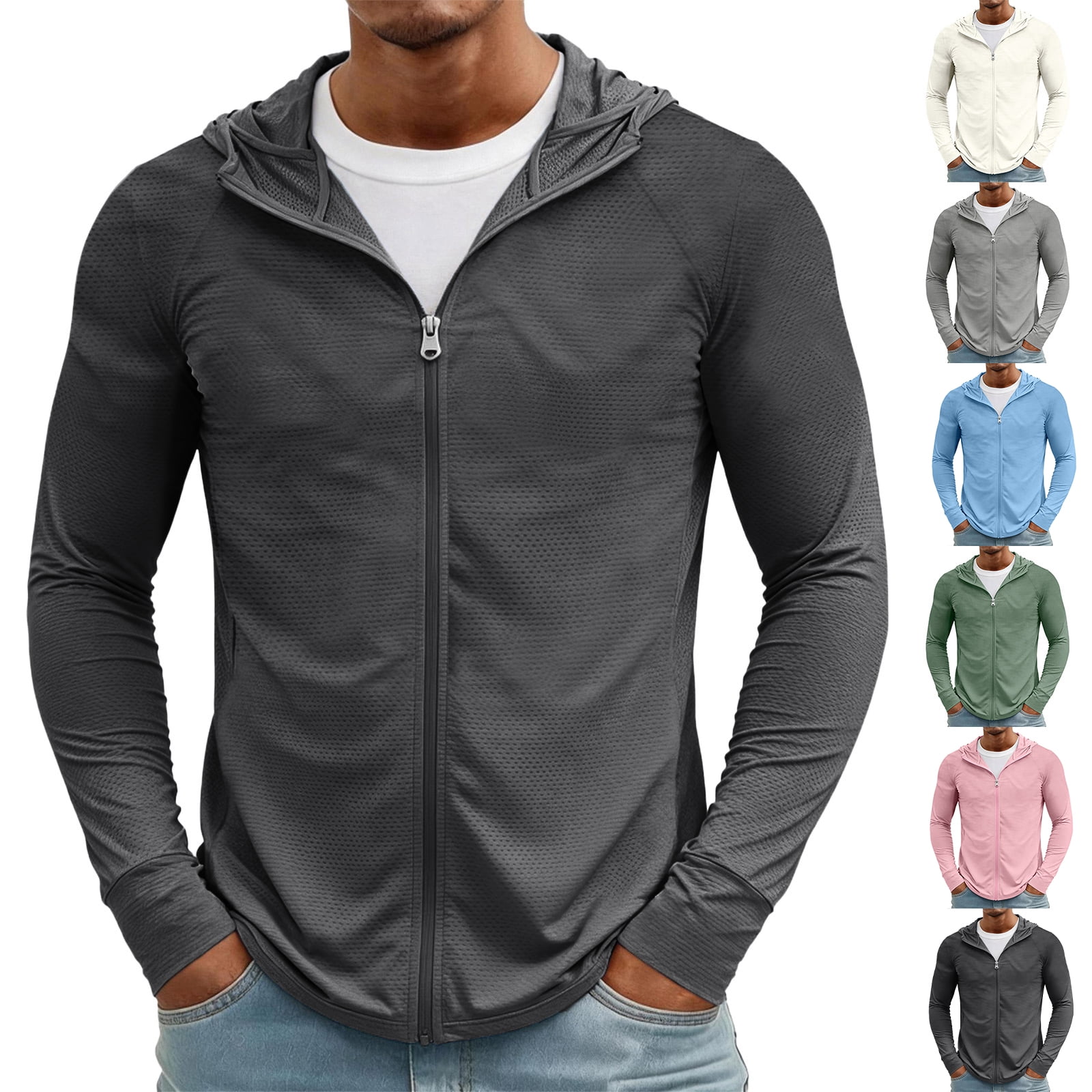 Dwellite Mens Sun Hoodie Full-Zip Up Quick Dry Long Sleeve Shirts ...