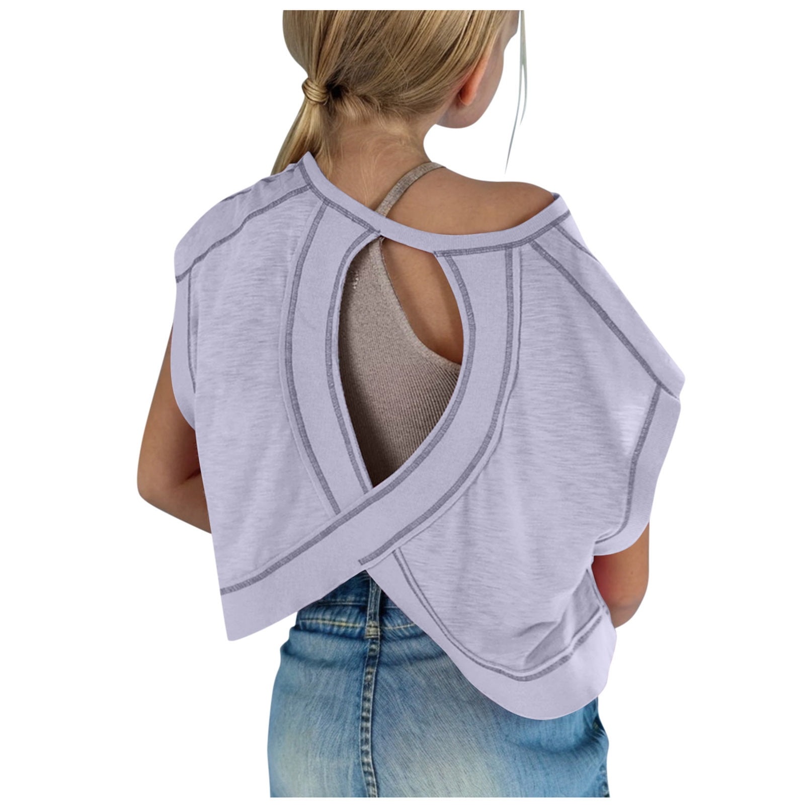 Dwellite Open Back Workout Tops for Girls Trendy Short Sleeve Cross ...