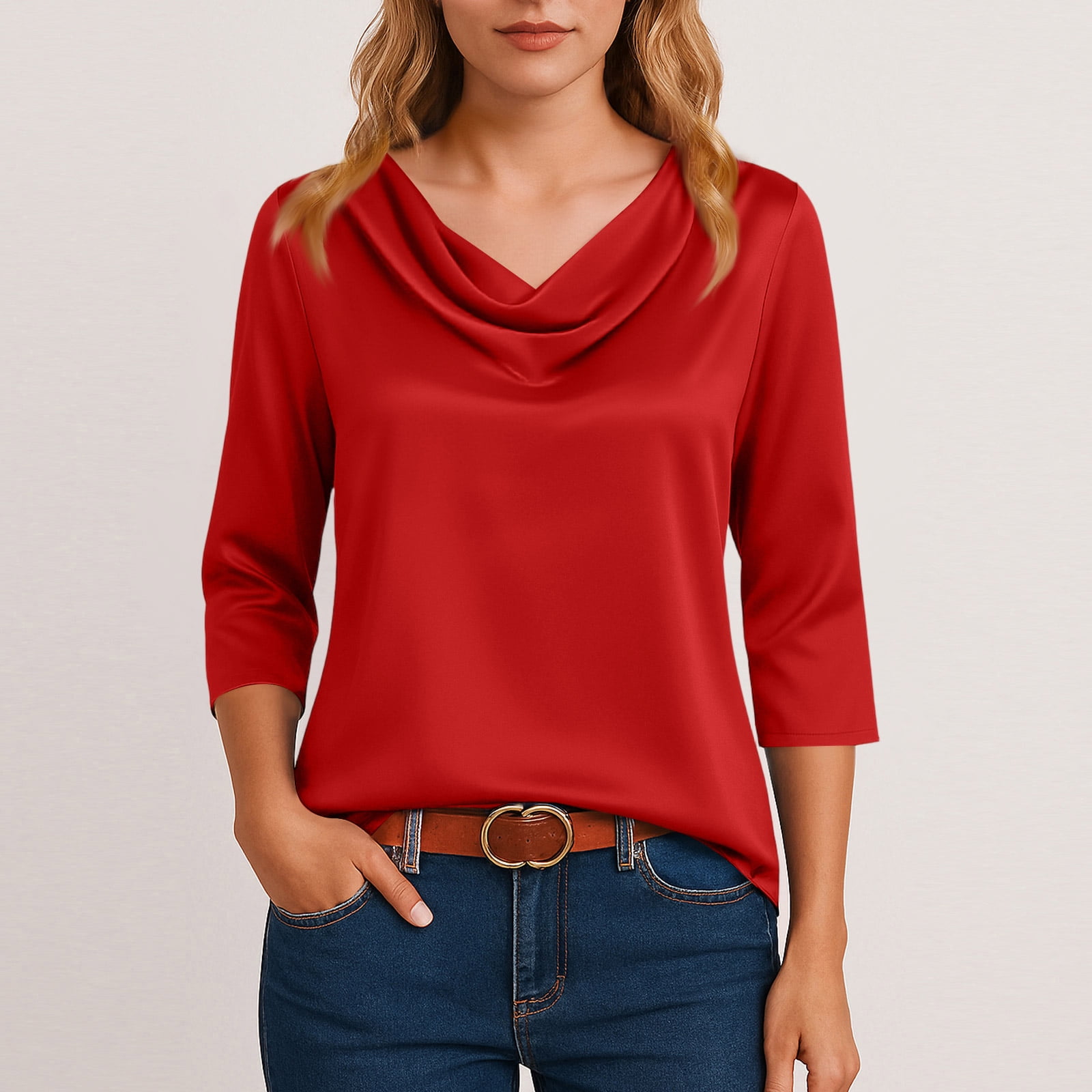 Dwellite Satin Women Blouses for Work Cowl Neck 3/4 Sleeve Silk Top ...
