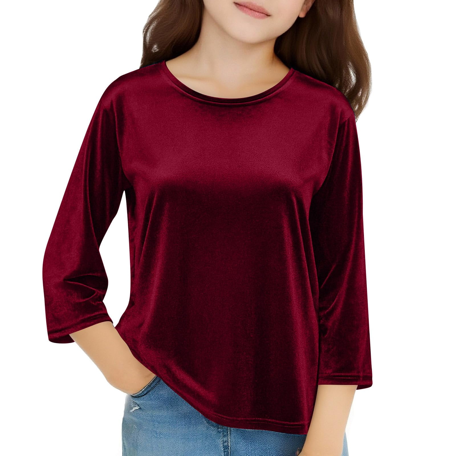 Dwellite Velvet Shirts for Girls Crewneck 3/4 Sleeves Shirt Solid Tunic ...
