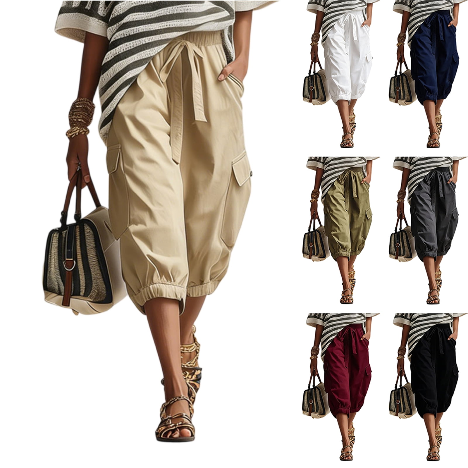 Dwellite Women Cargo Capri Pants Baggy Elastic Waisted Joggers ...