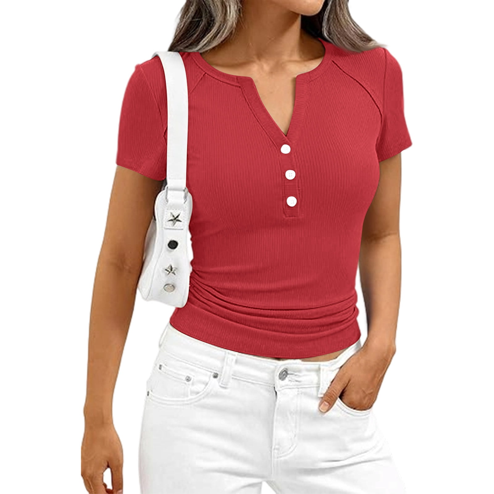 Dwellite Women Henley T Shirts Ribbed Button Slim Fit Basic Casual T ...