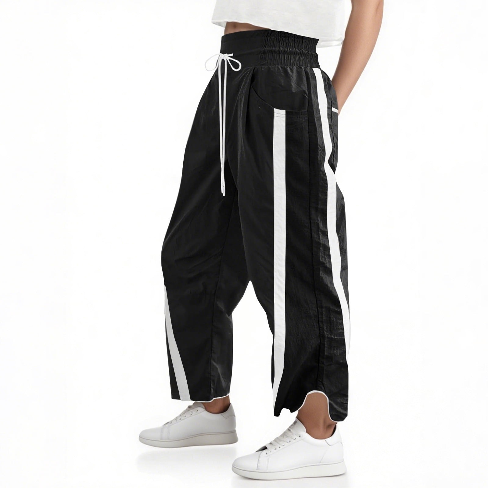 Dwellite Women's Baggy Wide Leg Pants Casual Drawstring Elastic Waisted ...