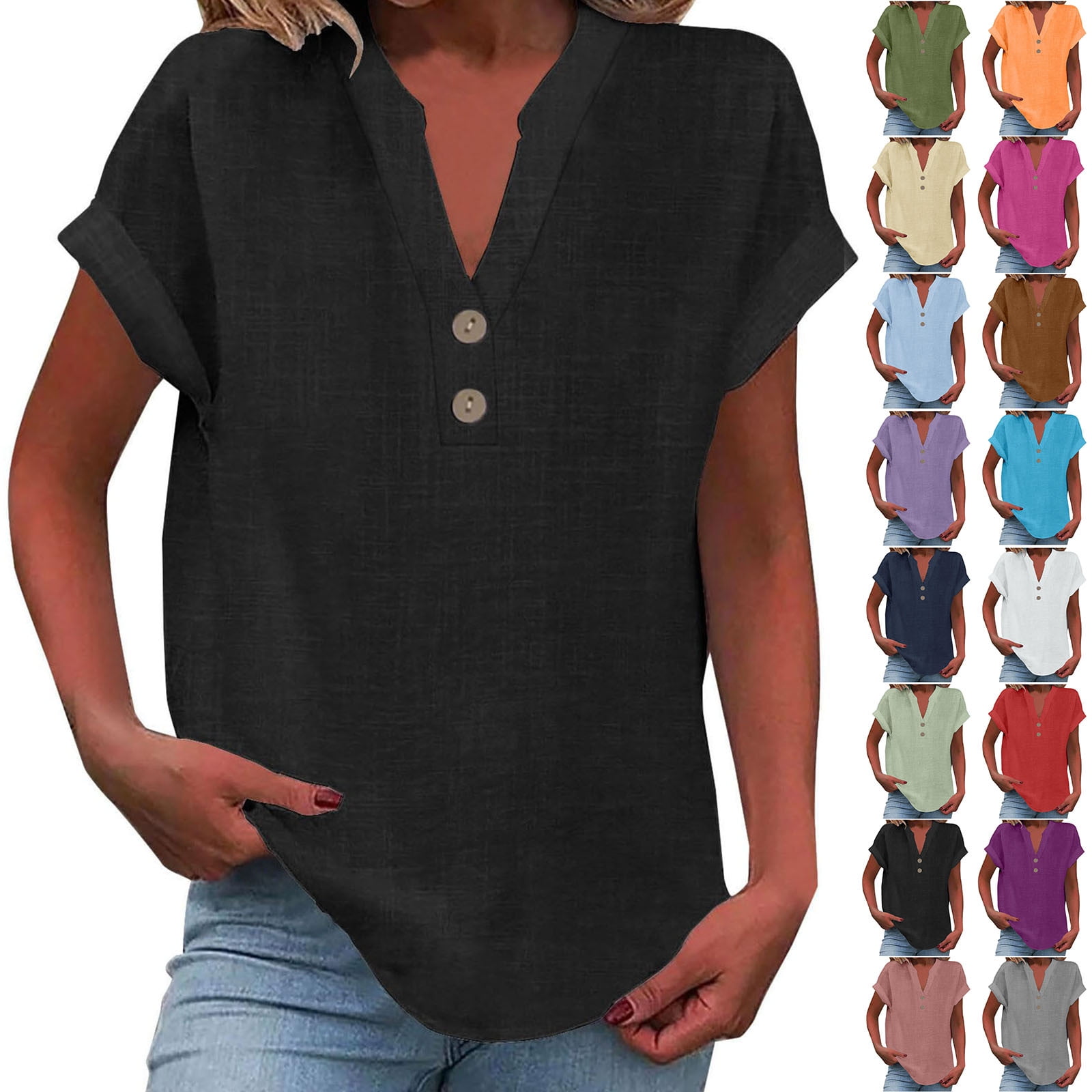 Dwellite Women's Casual Henley Collar Linen Short-Sleeve Shirt, Comfort ...