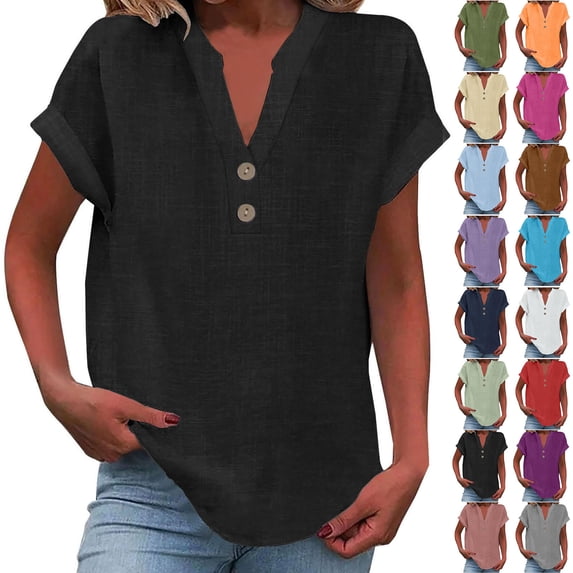 Dwellite Women's Casual Henley Collar Linen Short-Sleeve Shirt, Comfort ...
