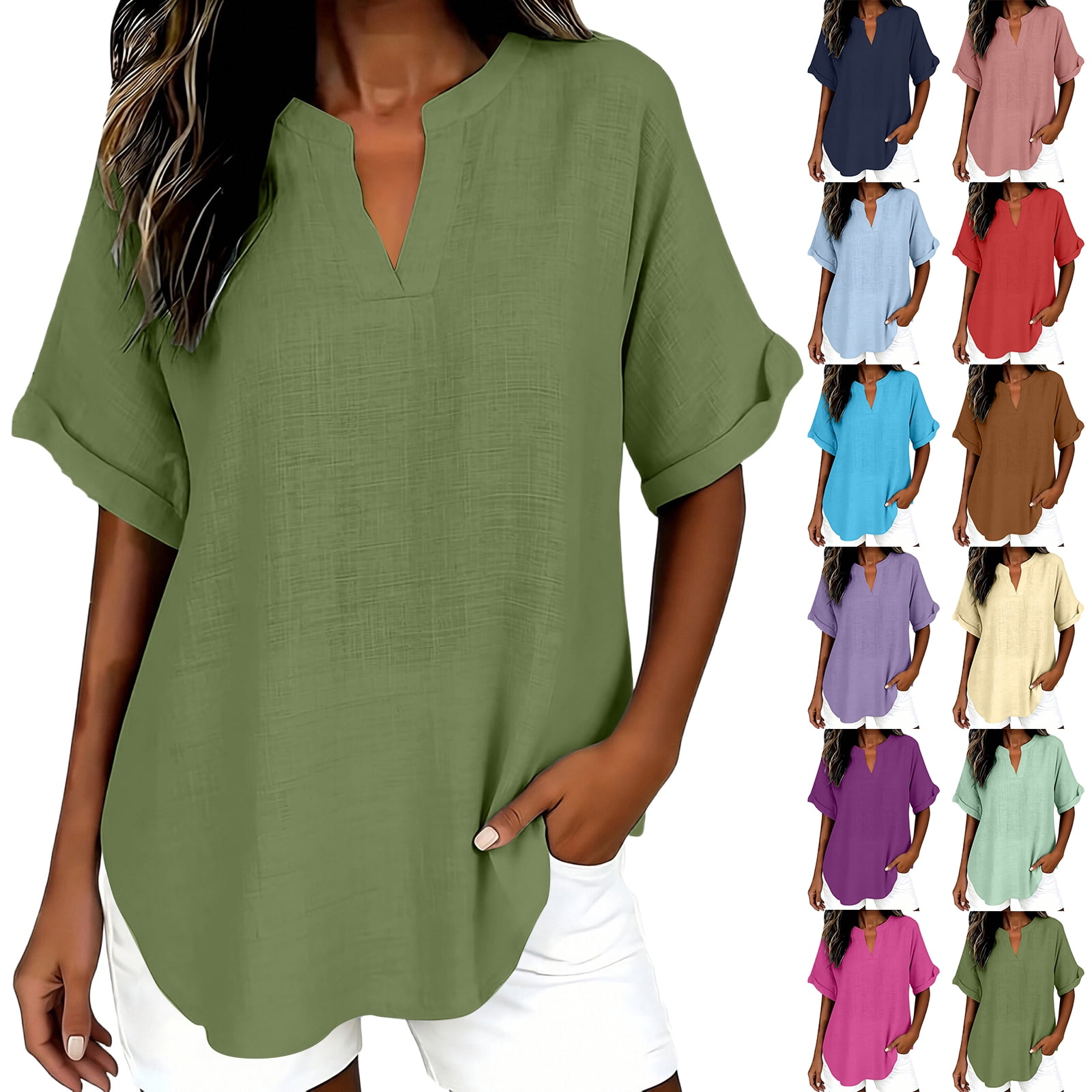 Dwellite Women’s Summer Blouses 2026 Casual V-Neck Cotton Linen Plain ...