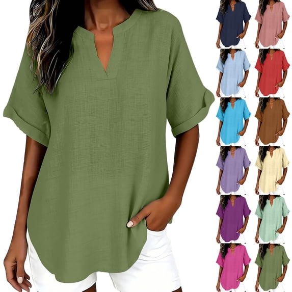 Dwellite Women’s Summer Blouses 2026 Casual V-Neck Cotton Linen Plain ...