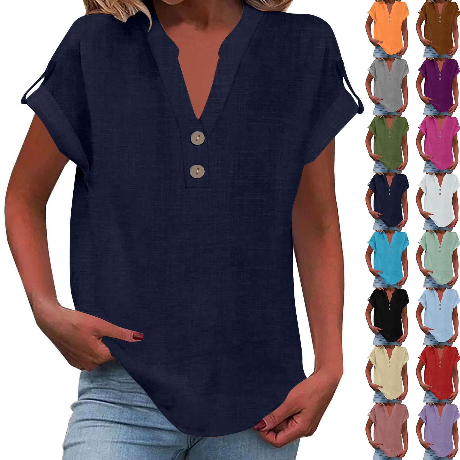 Dwellite Womens Linen Henley Shirt Short Sleeve Casual Loose Fit Cotton ...