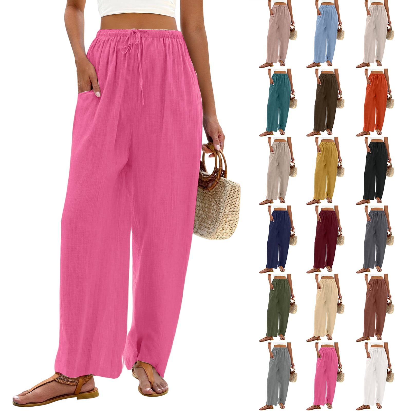 Dwellite Womens Linen Pants Casual Fashion Drawstring Pants Wide Leg ...